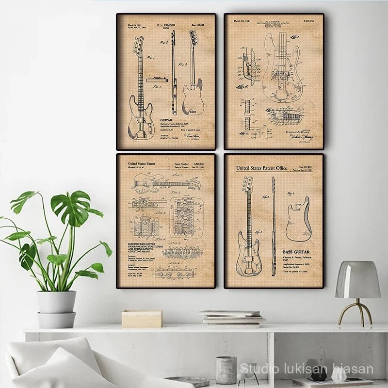 Vintage Electric Bass Guitars Patent Prints Wall Room Canvas Poster ...