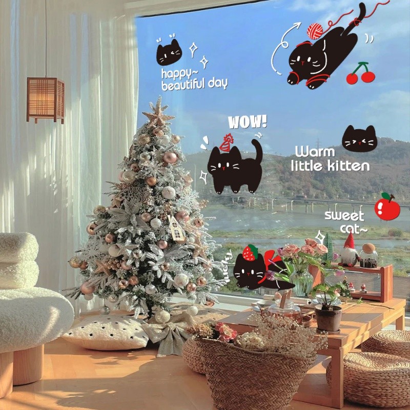Ins Cartoon Cat Christmas Decorations Glass Door Stickers New Year ...