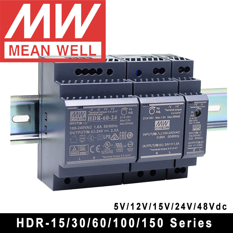 Original Mean Well HDR-15 30 60 100 150 series DC 5V 12V 15V 24V 48V ...