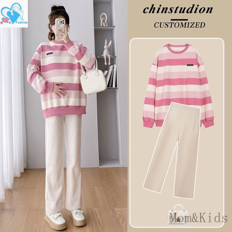 Mom&Kids Maternity Set Wear Suit Fashion Long Sleeved Striped Maternity ...