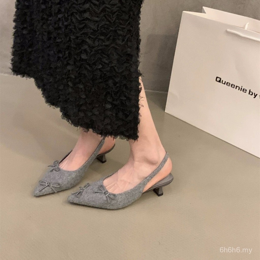 New French Style Small High Heel Black Suede Bread Toe Sandals Fairy ...