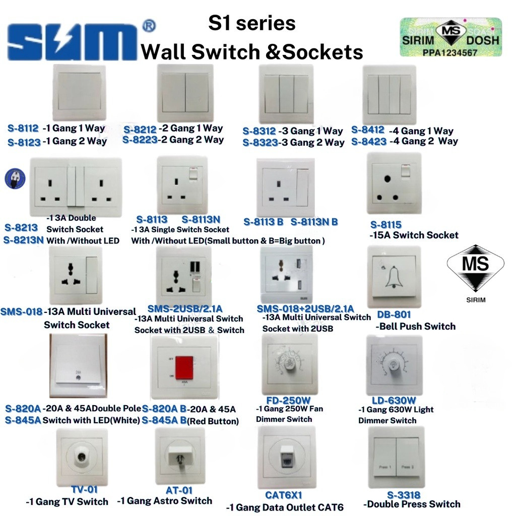 SUM Premium S1 series Wall Switch & Socket SIRIM Approval | Shopee Malaysia