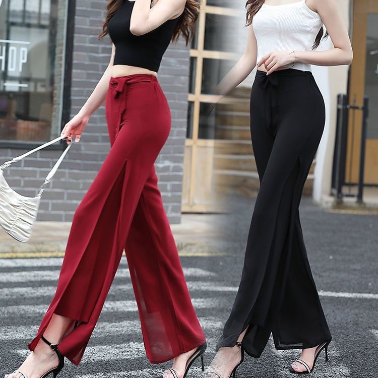 Chiffon Wide-Leg Pants Women Summer 2025 New High-Waisted Slit Culottes ...