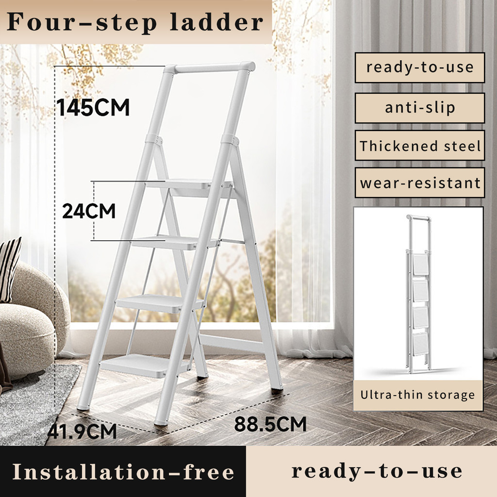 4 Step Ladder Foldable with Handle Carbon Steel White Load 150kg Tangga ...