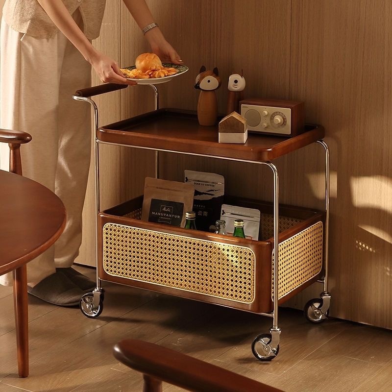 Solid Wood Movable with Wheel Side Table Stainless Steel Storage ...