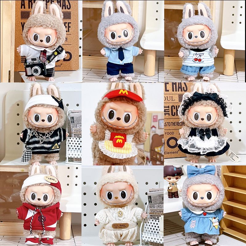 现货搪胶公仔玩偶labubu衣服换装拉布挂件可爱17cm玩偶毛绒玩具Spot vinyl plush toys, labubu clothes ...