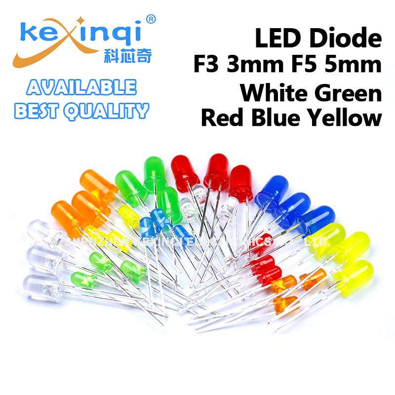 (100pcs) F3 F5 LED DIP Diode White Green Red Blue Yellow 3mm 5mm DIY ...