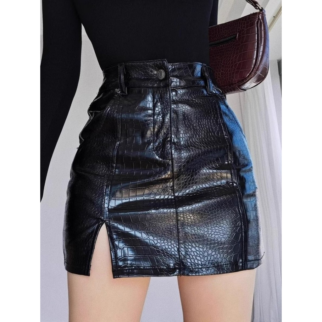#Hot Girl PU Short Skirt Women's Black Leather Skirt Tight Autumn Slim ...