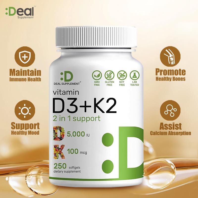 Suplemen Tawaran Vitamin D3K2, 250 Softgel Sayuran, 2 dalam 1 (5000 IU ...