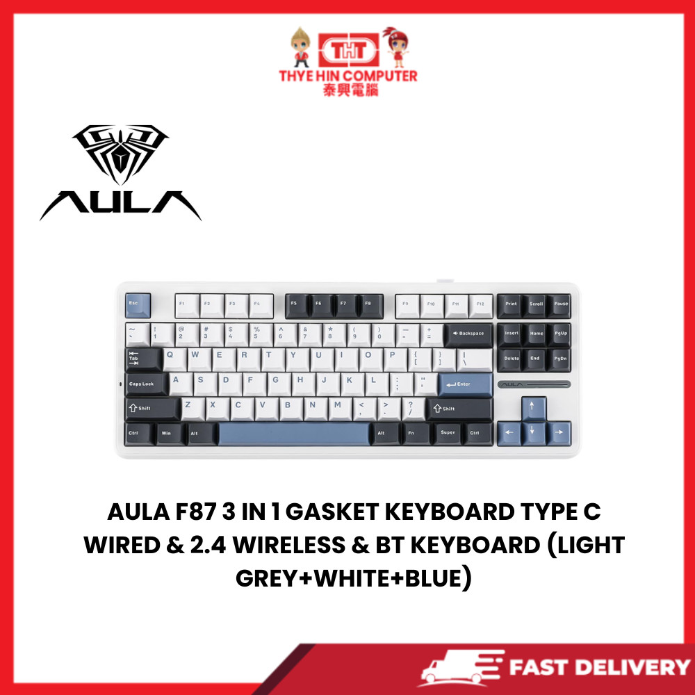 AULA F87 3 IN 1 GASKET KEYBOARD TYPE C WIRED & 2.4 WIRELESS & BT ...