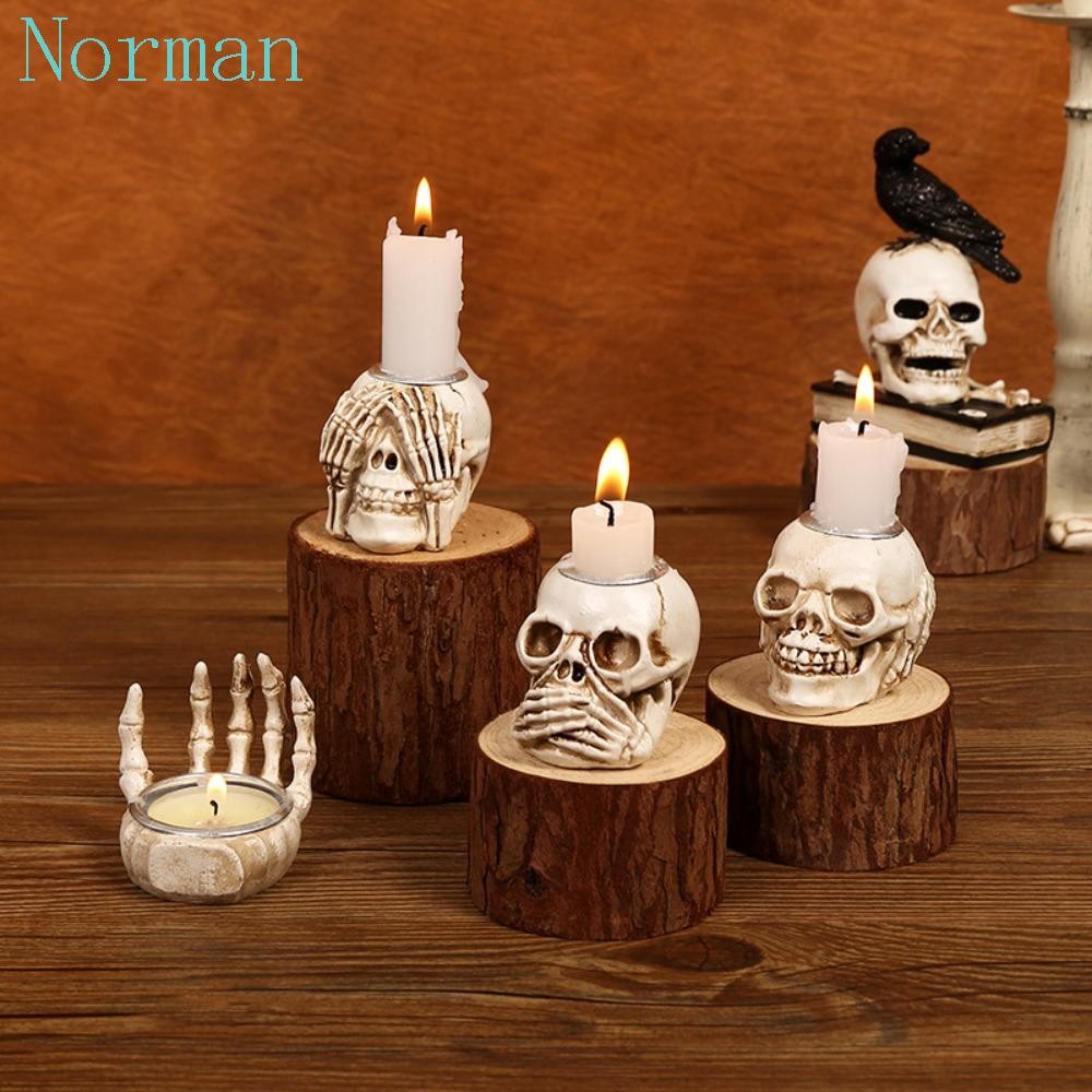 NORMAN Halloween Skull Candlestick, Resin with Built-in Metal Tray ...