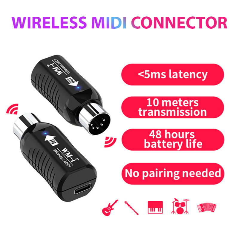 Wireless MIDI Adapter Rechargeable Audio Transmitter Receiver 2.4GHz ...