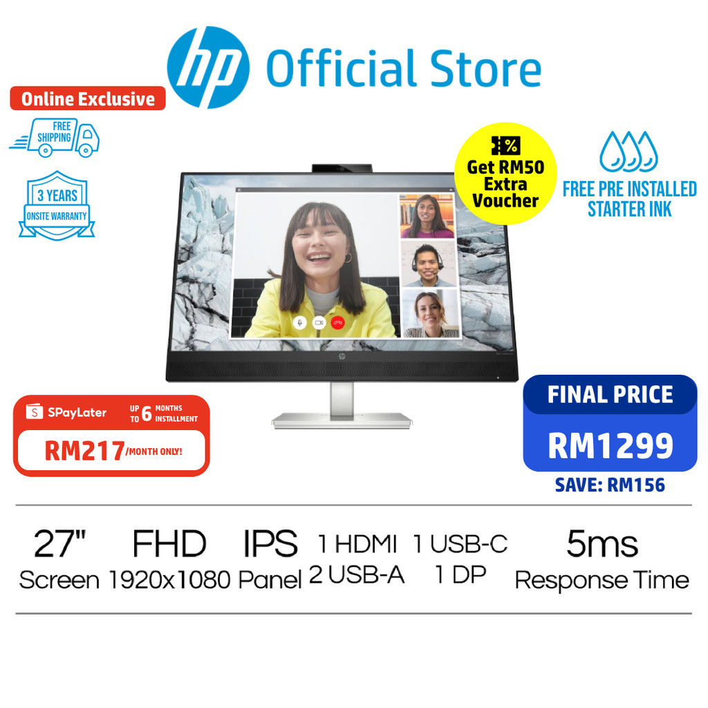 HP M27 Webcam Monitor / 27" FHD IPS Display / Integrated Speaker / AMD ...
