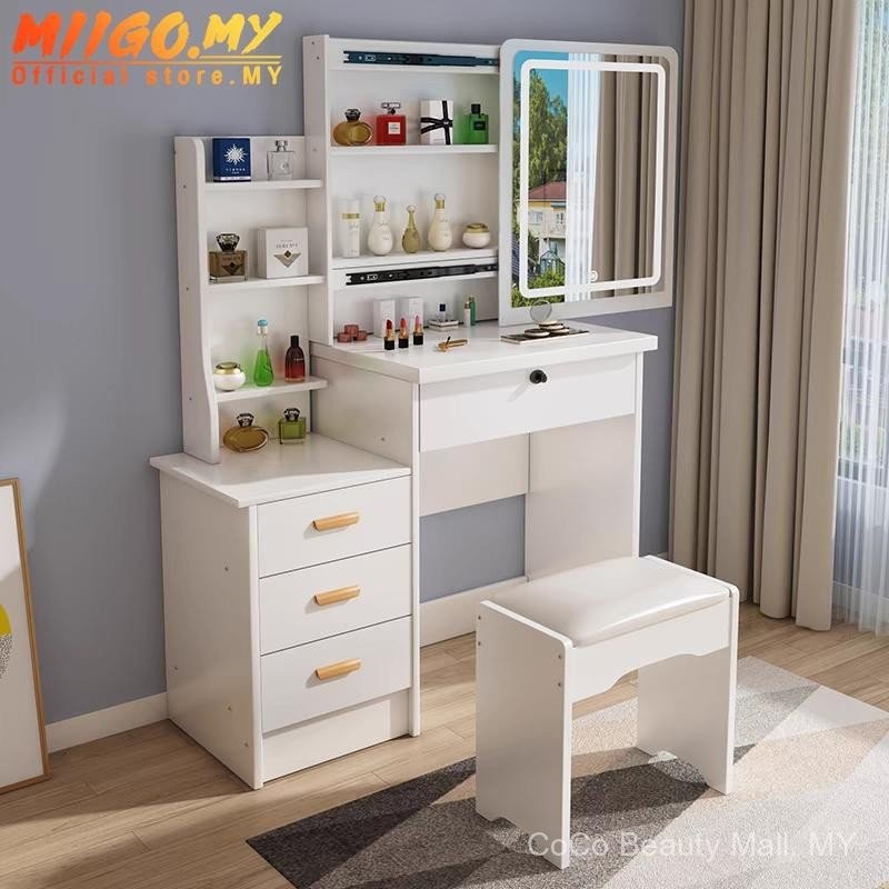Meja Solek Hitam Dressing Table Make Up with Mirror LED Makeup Comestic ...