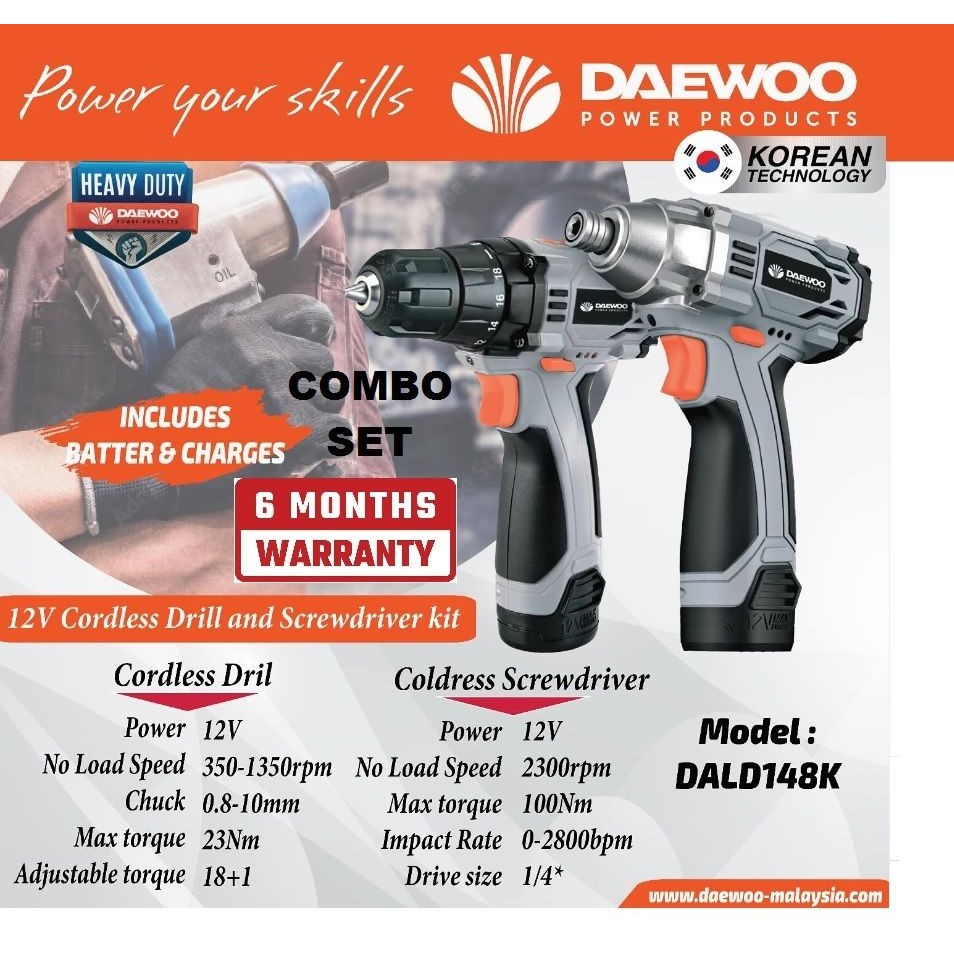 Daewoo 12V Li-ion Combo Cordless Drill Driver & Impact Driver | Shopee Malaysia