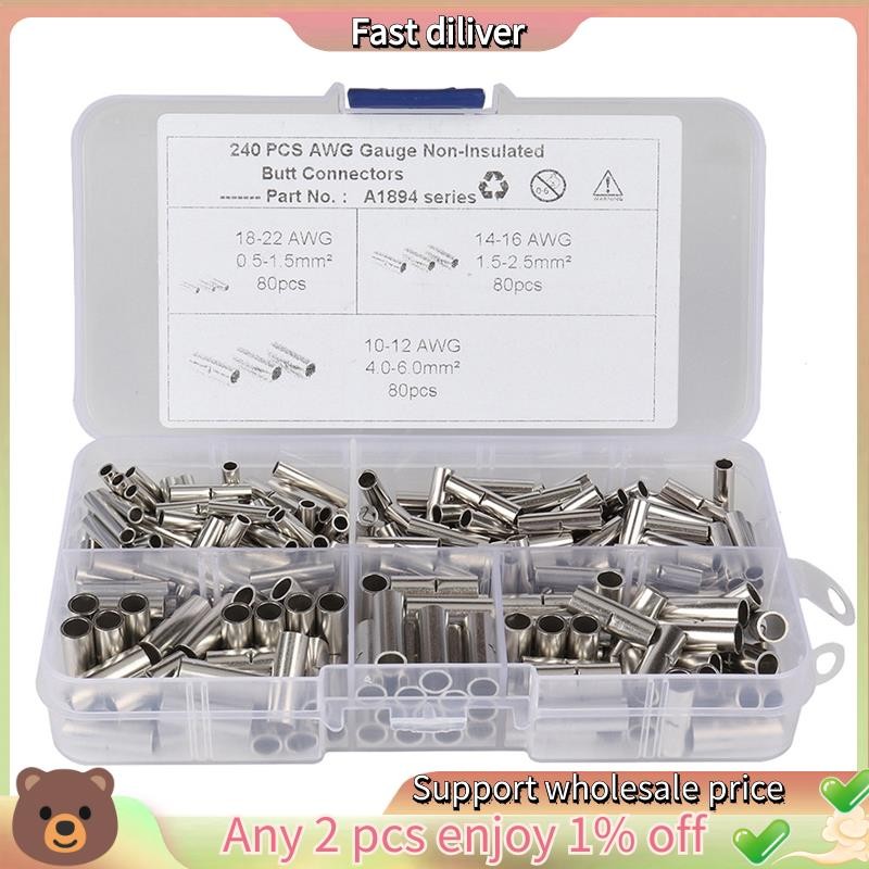 240Pcs Non-Insulated Butt Connectors 22-18/16-14/12-10 AWG Gauge ...