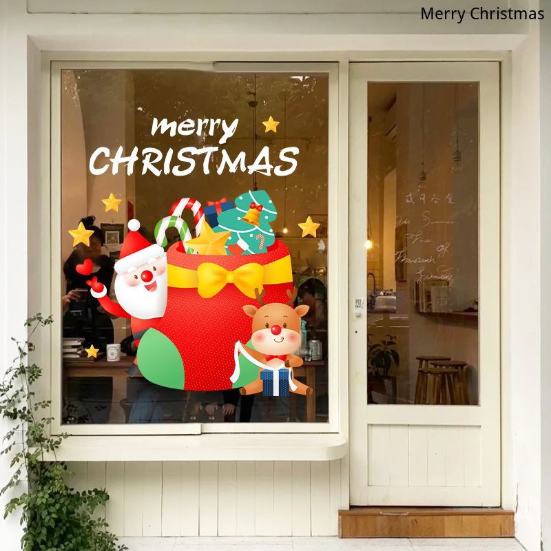 Christmas Decorative Static Stickers Cartoon Santa Claus Shop Window ...