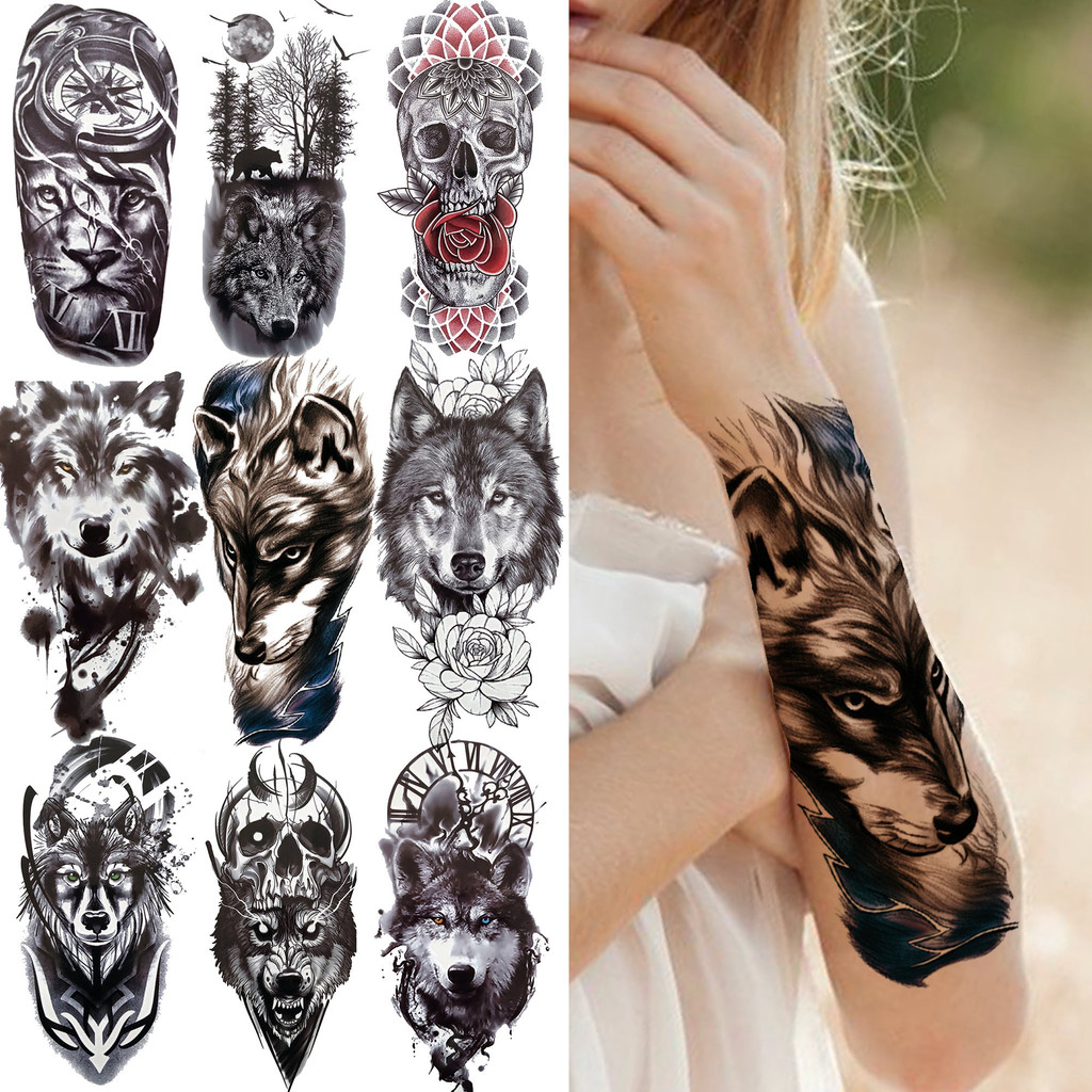 Realistic Fake Wolf Temporary Tattoo For Women Men Adult Black Forest ...