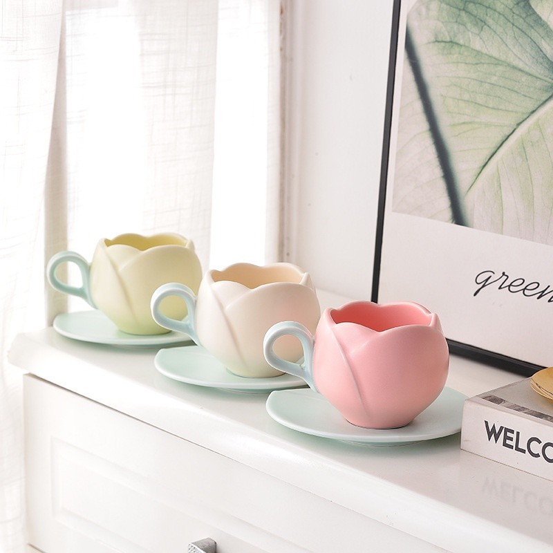 Ins cup set mug, cute tulip flower cup, milk coffee ceramic cup 8cm X ...
