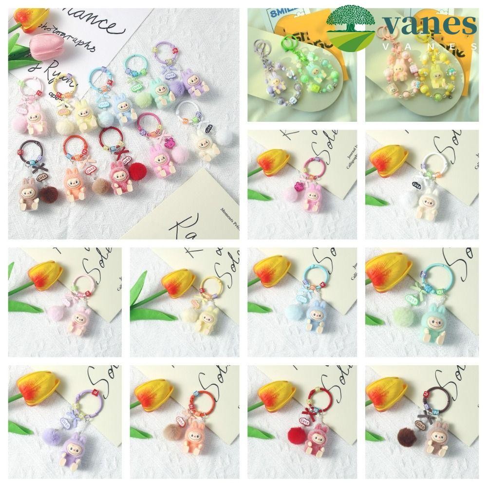 VANES Flocking Labubu Key Ring, Silica Gel Plush Ball Sit Down Labubu ...