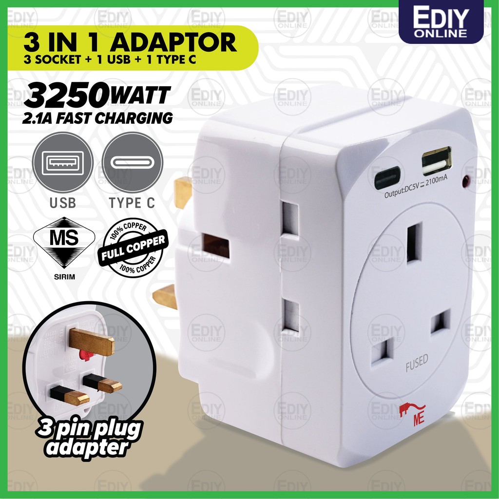 SIRIM 】3250W FULL COPPER 3 Way Multi Adaptor With USB Type A C Plug ...