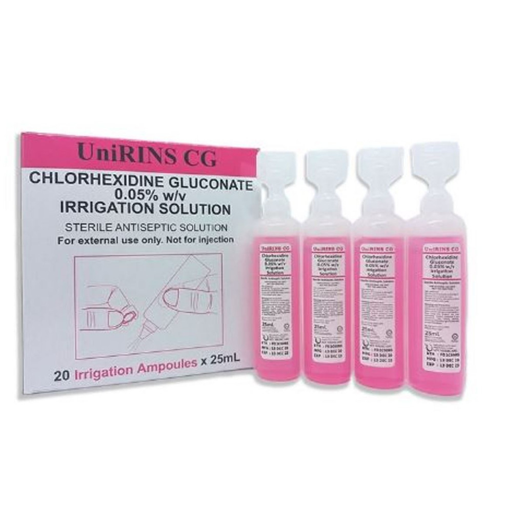 (20 AMPOULES) UniRINS CG CHLORHEXIDINE 0.05%W/V SOLUTION 25ML EXPIRY ...