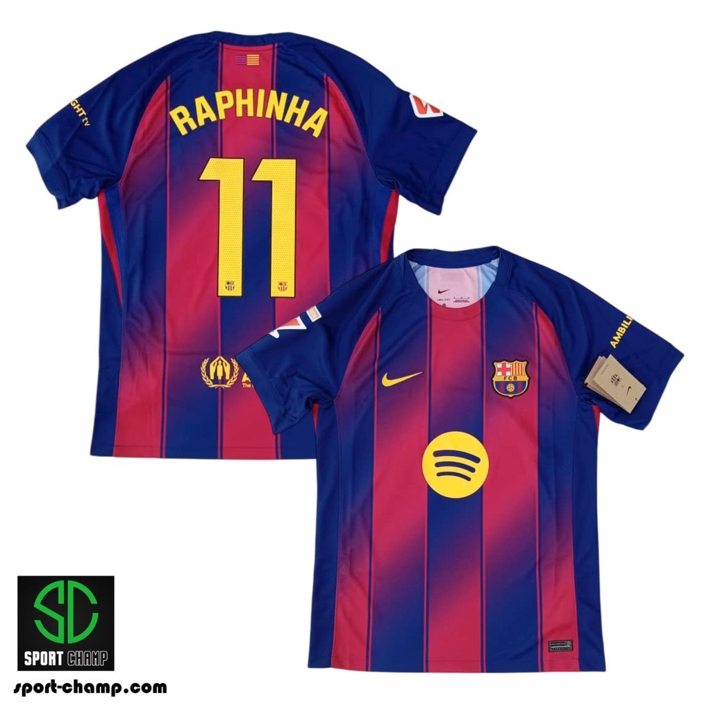 NIKE FC BARCELONA 25/26 HOME SHIRT WITH RAPHINHA 11 AND LA LIGA FULL ...