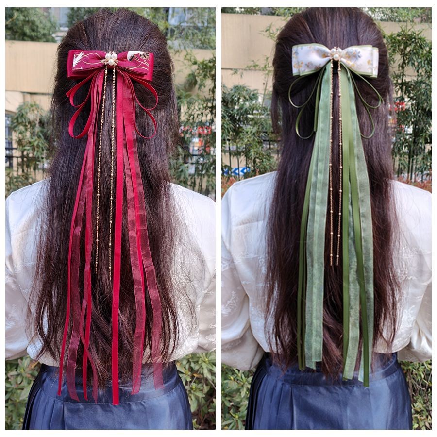 Big Bow Head Flower Clip Card Long Streamer Fringed Chinese Decoration ...