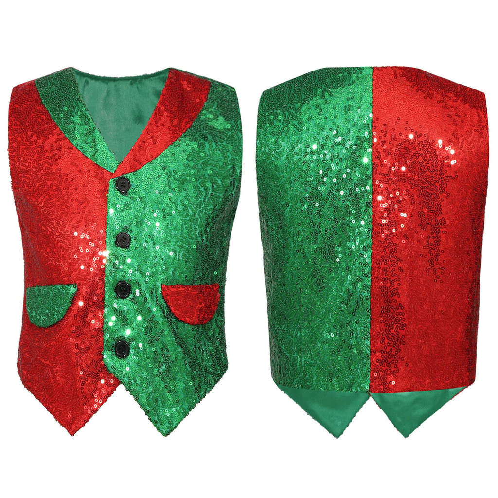 Oyolan Kids Boys Christmas Elf Vest Jacket Shiny Sequin Waistcoat ...