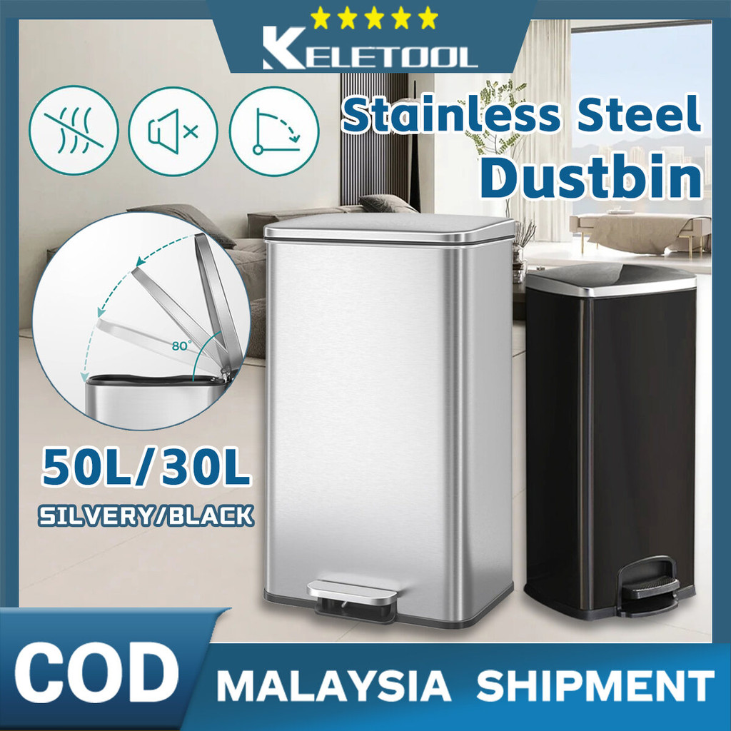 30L/50L Stainless Steel Waste Trash Bin Refuse Foot Pedal Big Dustbin ...