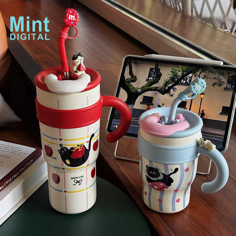 Summer Water Cup with Handle Black Cat Tumbler 316 Stainless Steel Ice ...