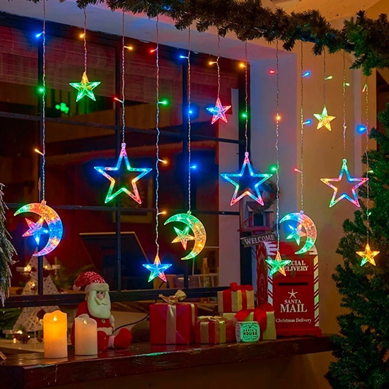 2025 Pesta Bulan Bintang 8 Mod Lampu Rentetan Langsir LED Lampu Peri ...