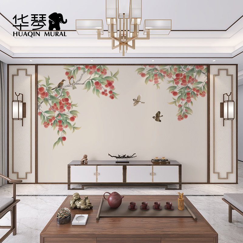 Mural Bunga dan Burung Gaya Cina Baharu Gongbi Laici Ruang Tamu Sofa ...