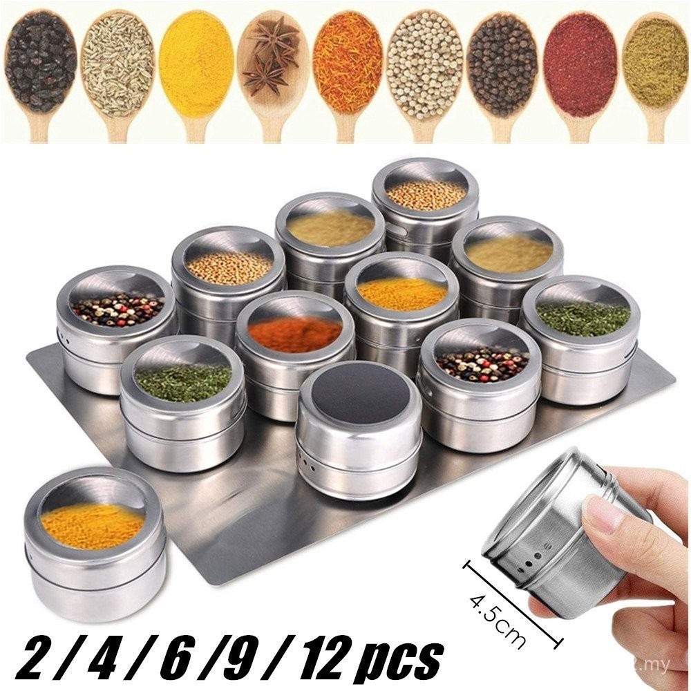 6/9/12pcs Magnetic Spice Jars with Wall Mounted Rack Tray Stainless ...