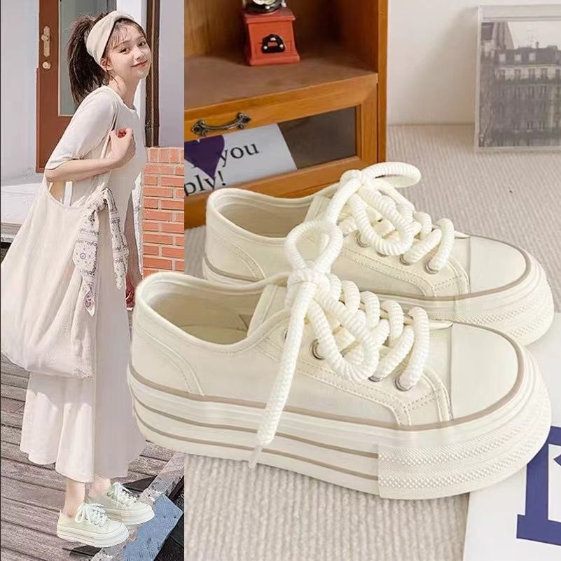 Cream Thick-Soled Canvas Shoes Women Thin New Style Korean Version Big ...
