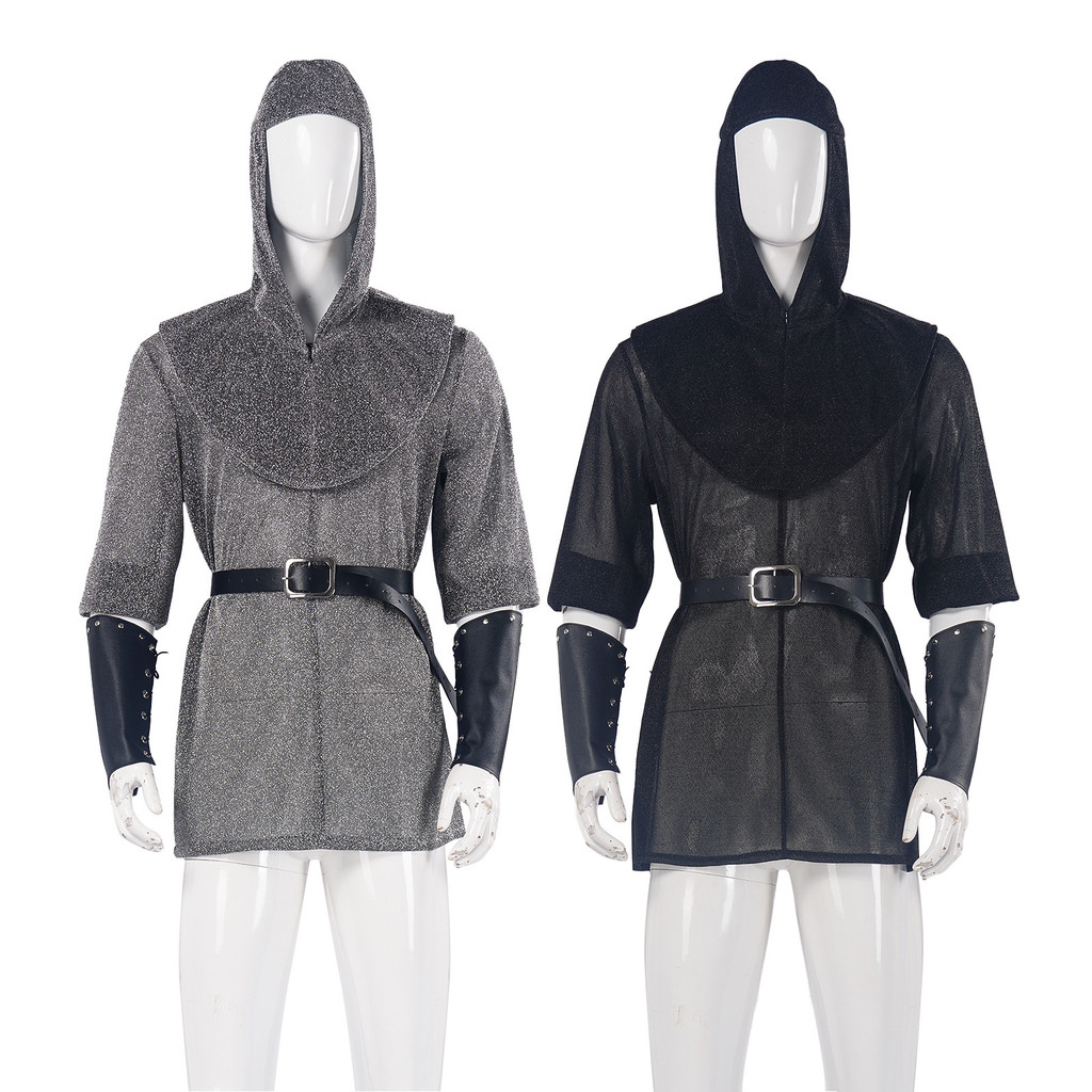 Medieval Knight-Inspired Hooded Costume with Chainmail and Arm Guards ...