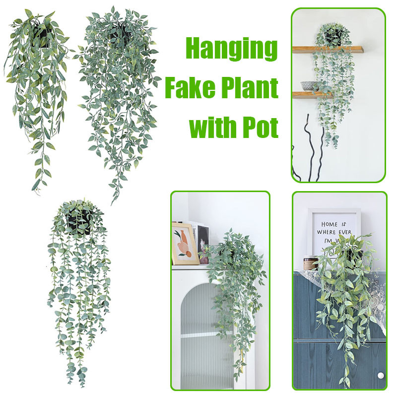Hanging Fake Plant with Plastic Pot Artificial Green Vine Plant Leaves ...