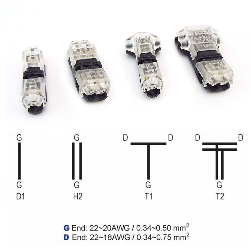 2 Pin Cable 3 Way No Soldering D1 T1 t2 H2 T Type Scotch Lock Quick ...