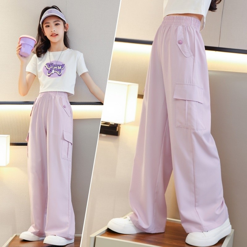 4-14 Years Old Kids Girls Pants New Ice Silk Multi Pocket Korean Style ...