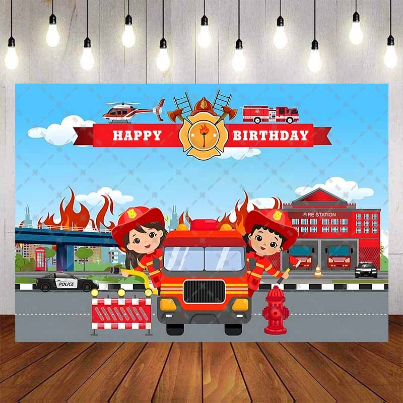 Firefighters Party Birthday Backdrop For Photography Baby Shower Kids ...