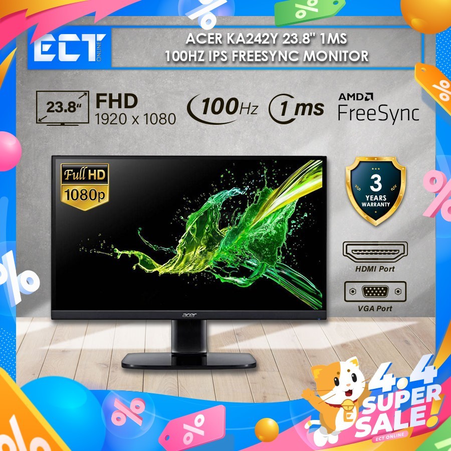 Acer KA242Y 23.8" (1920 x 1080) 1ms 100Hz IPS Freesync Monitor (HDMI ...