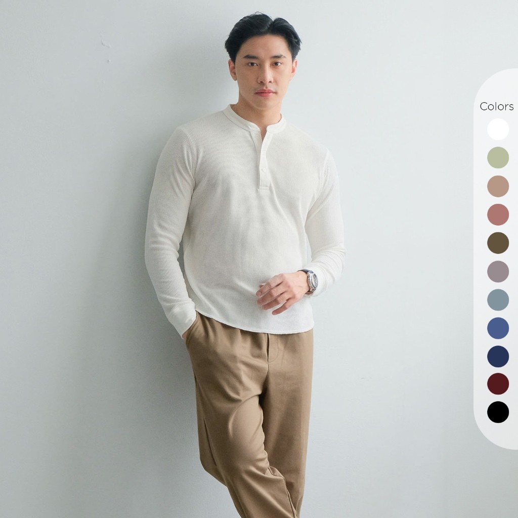 Isla for Men Smith Waffle Henley Neck T-Shirt Long Sleeve - Men's Long ...