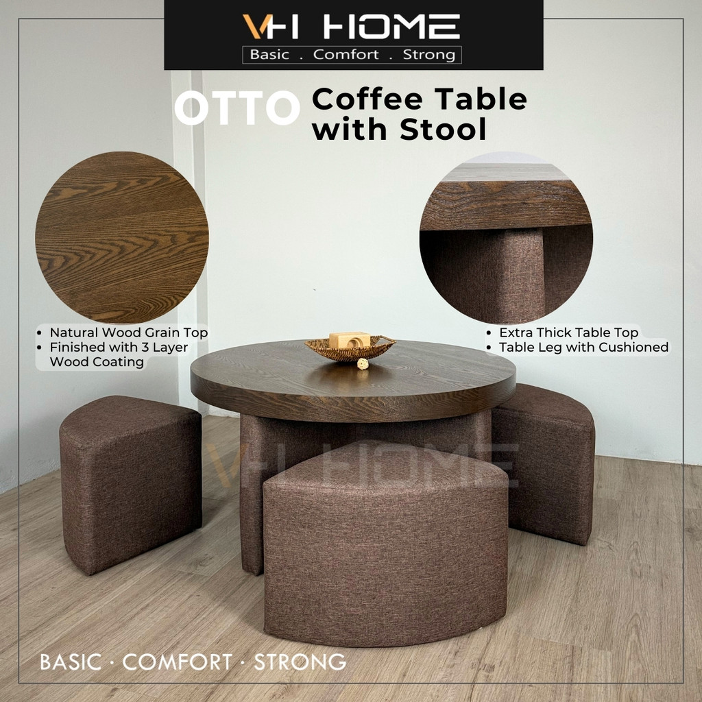 VH OTTO Coffee Table With Stool Living Room Coffee Table 90cm With 4 Unit Stool Meja Kopi Bulat ...