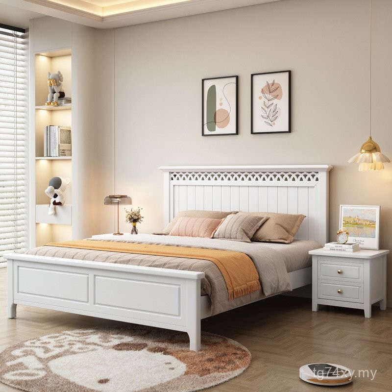 Stail Perancis cream gaya kayu solid katil besar sederhana dan moden ...