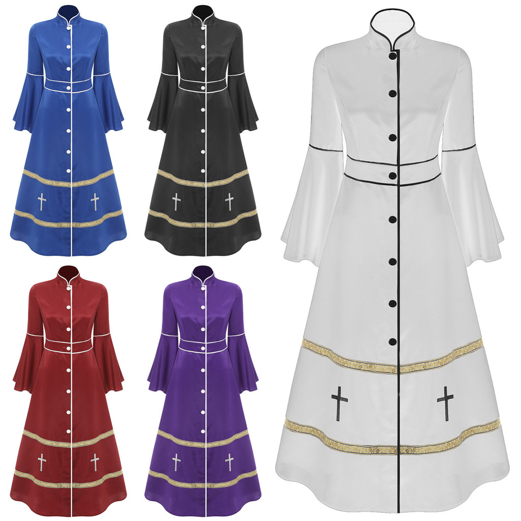 iiniim Women Stand Collar Long Sleeve Buttons Cassock Robes Clergy ...