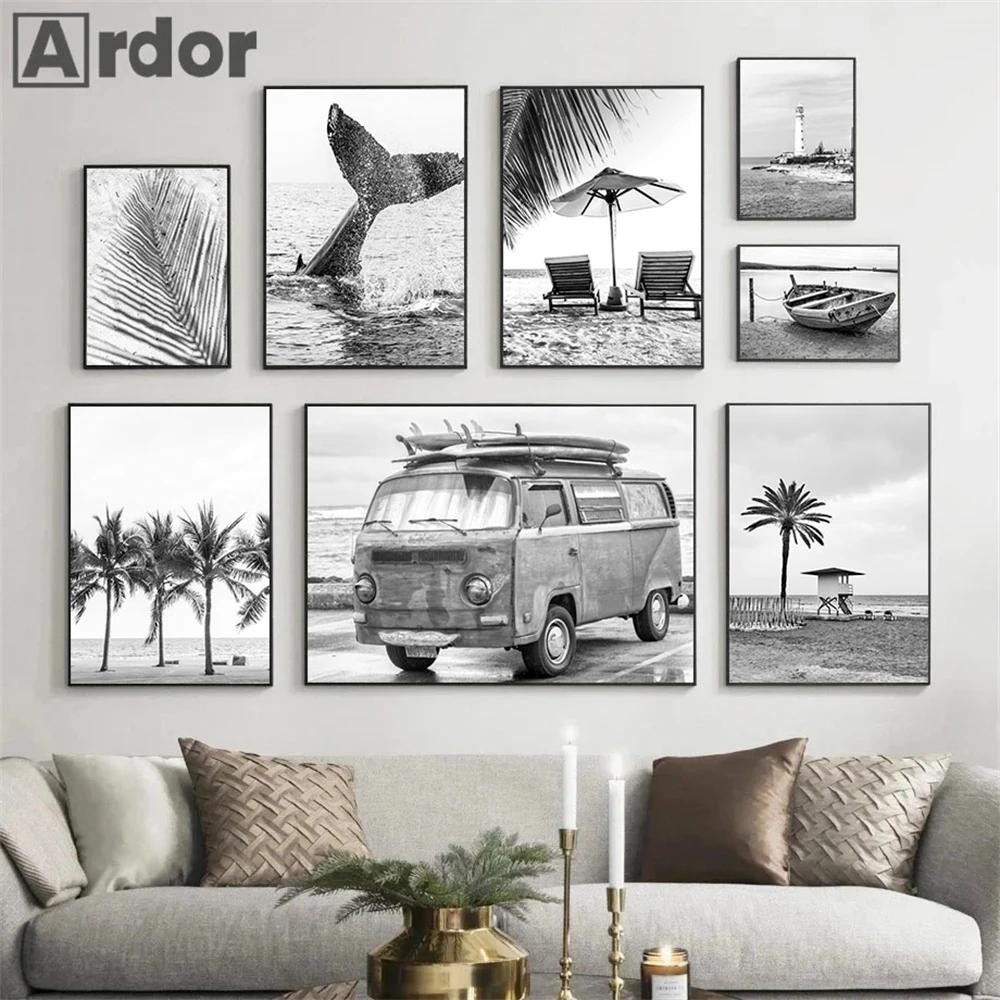 Poster Bas Bot Palm Hitam Putih, Lukisan Kanvas Ikan Paus, Seni Dinding ...