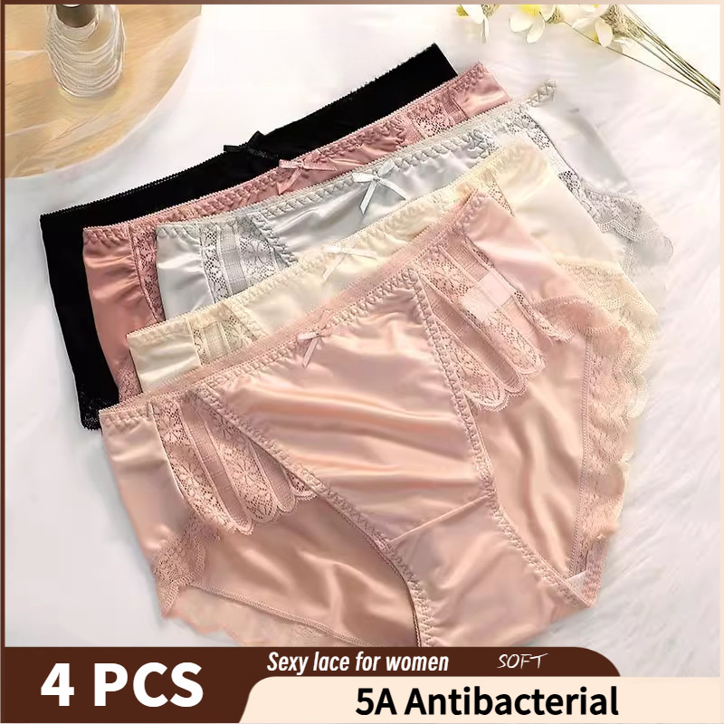 4PCS Set Woman Plus Size Satin Panties Mid-Waist Lace Silk Oversized ...