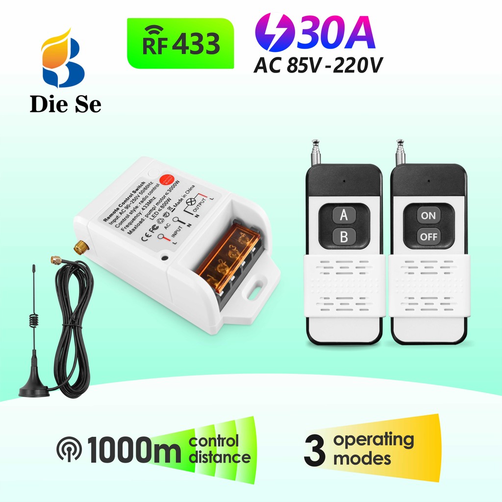 433 MHz RF Wireless Pump Control Relay Module – External Antenna, 1000 m Range, AC 110/220V 30A ...