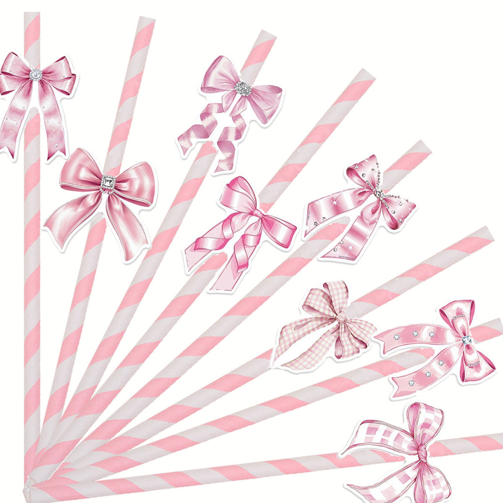 8pcs Pink Bow Paper Straw Disposable Bow Cocktail Drinking Straws for ...