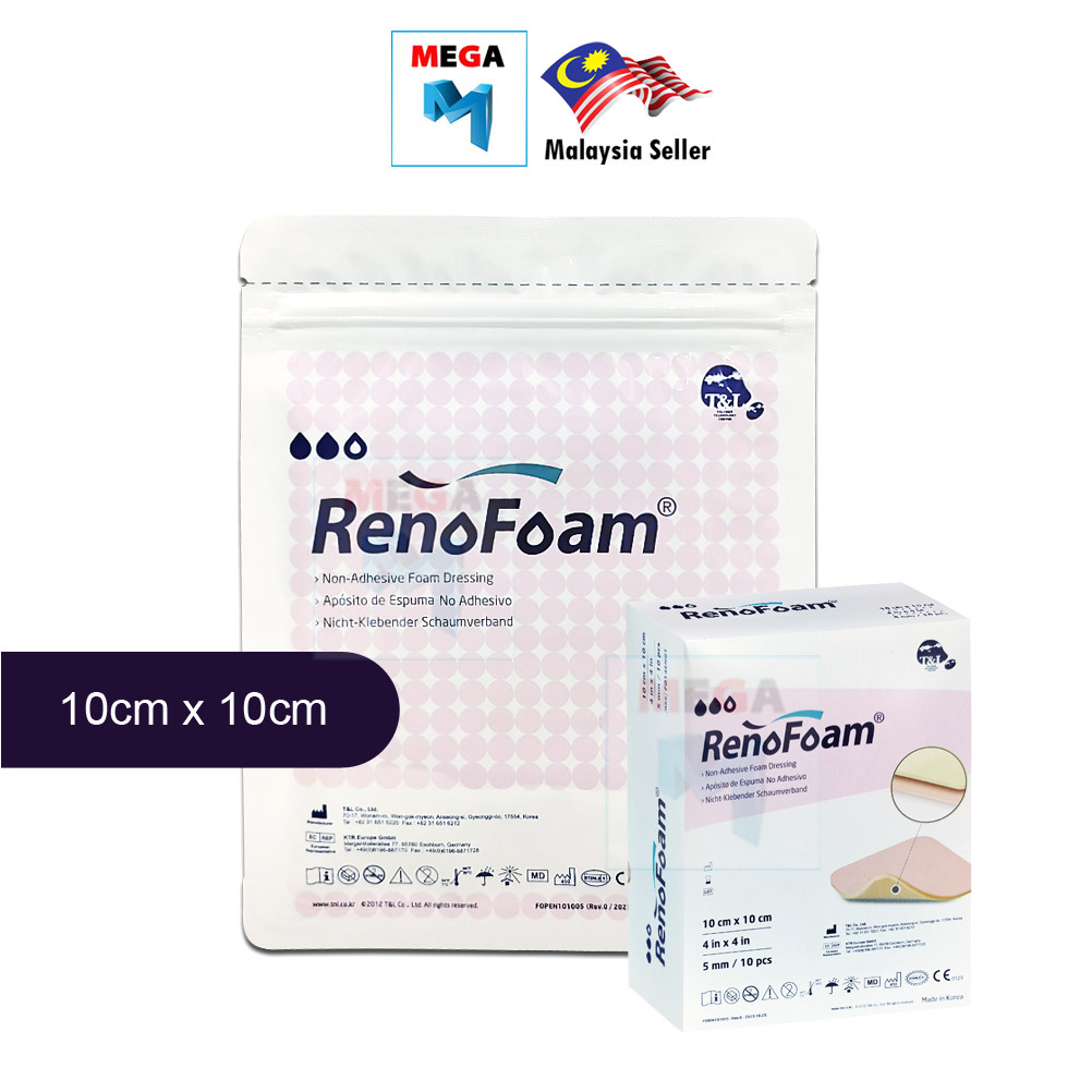 [1 BOX] Renofoam Non-Adhesive Foam Dressing 10cmX10cm (10pc/box ...